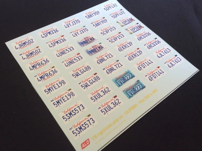 2000-2009 CALIFORNIA REGISTRATION PLATES 1:43, 1:18 DECALS - FOR 20 CA ...